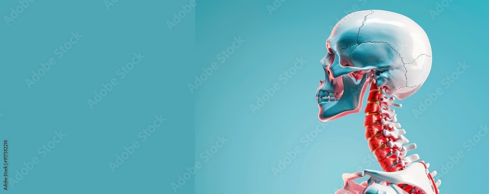 Realistic anatomical model of a human skull and spine against a blue ...