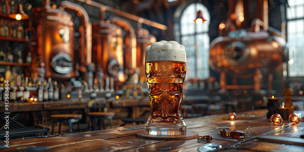 A modern brewery with copper tanks and pipes, in the foreground a bar ...