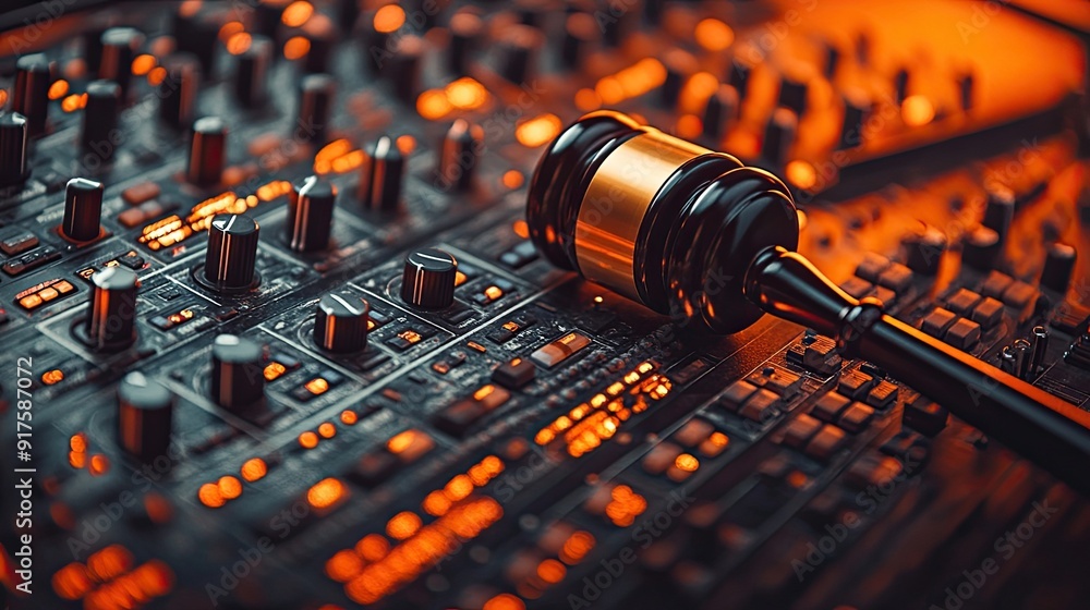 A soundboard holds a black gavel with shining golden accents. There's a ...