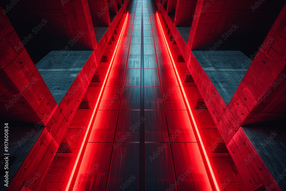 elevator corridor in high-rise building is bathed in a striking red ...