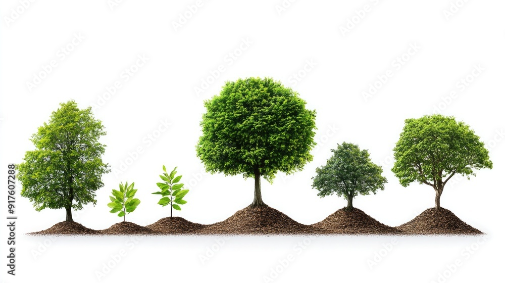 Growth stages of a tree, illustrated from seedling to large tree, showing development clearly ...