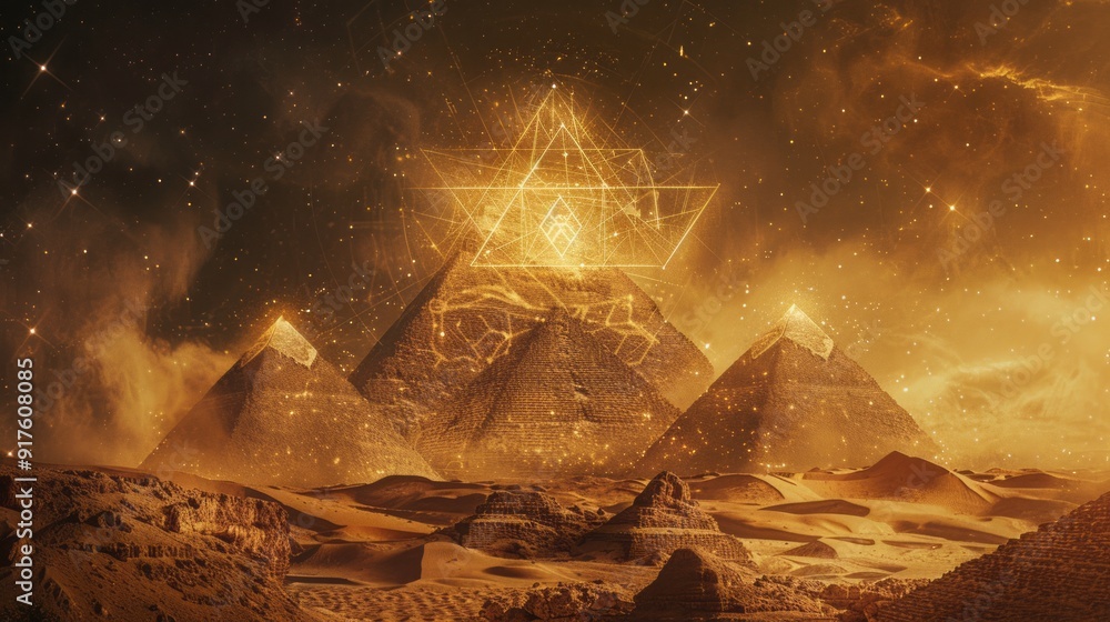 golden sacred geometry of the pyramids and star on an ancient desert ...