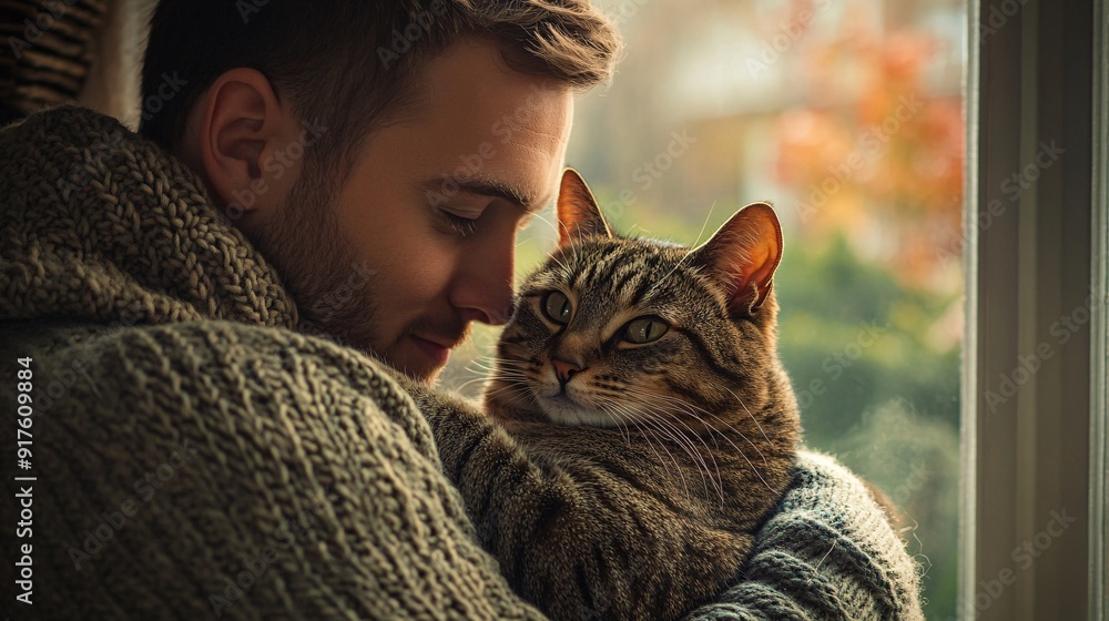 240802 17. Man in a sweater cuddling with tabby cat, window seat nook ...