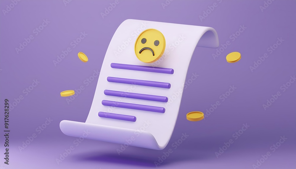 3D sad face emoji sits atop a bill as coins fly away, 3D rendering ...