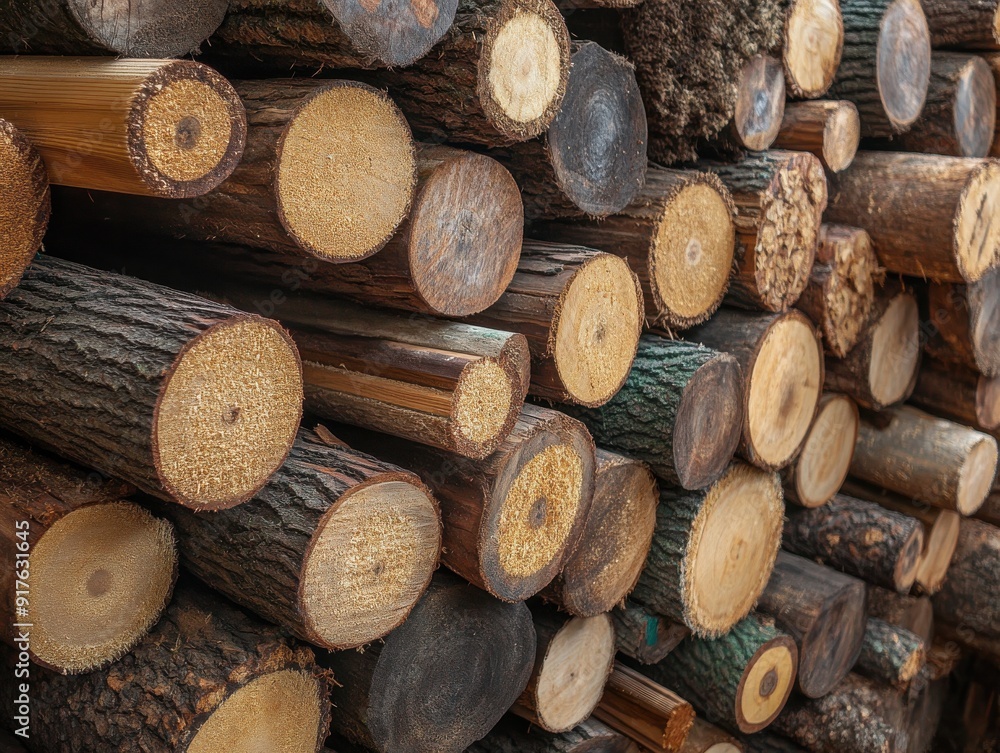 Stack of freshly cut tree logs in a lumberyard, showcasing various ...