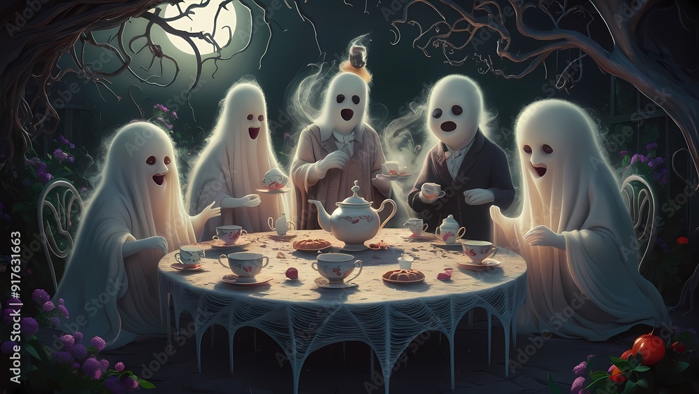A whimsical ghostly tea party in an overgrown garden, with cobweb ...