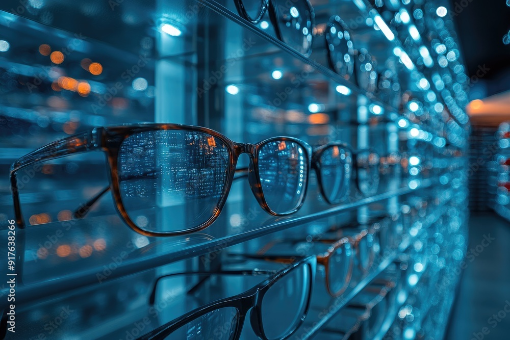 Modern Eyeglasses Display in Stylish Optical Store with Reflective ...