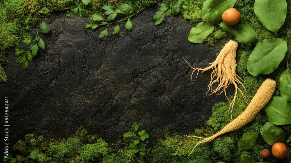 Ginseng roots and ginseng sheets on natural green moss background with ...