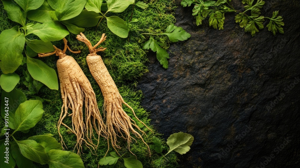 Ginseng roots and ginseng sheets on natural green moss background with ...