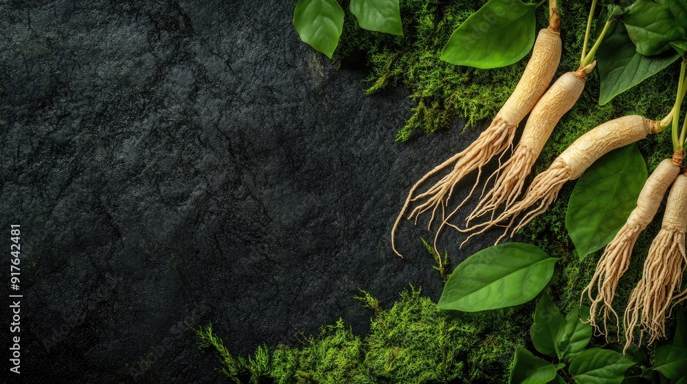Ginseng roots and ginseng sheets on natural green moss background with ...
