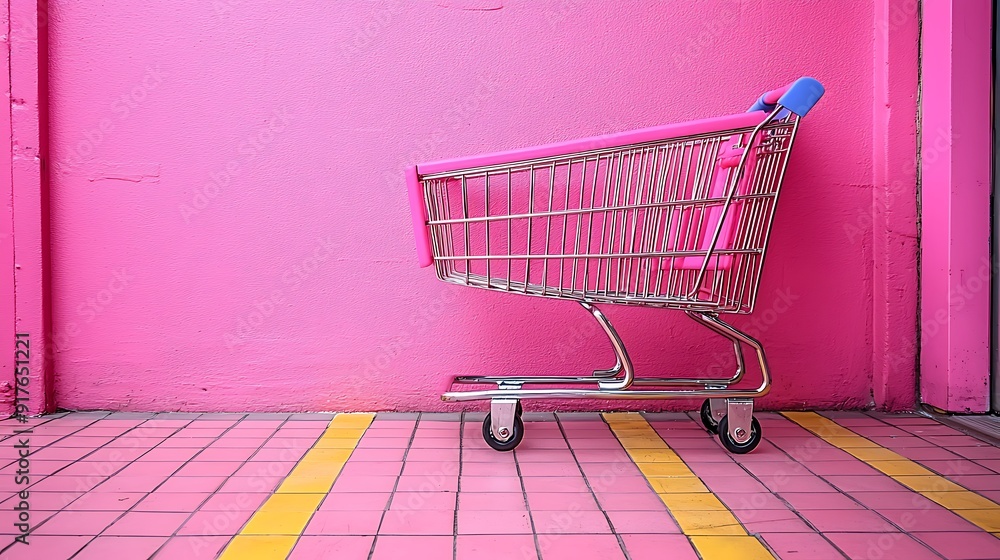 A minimalist pink shopping cart stands on a matching pink background ...