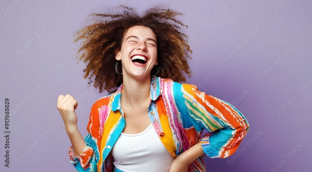 Playful joyful free-spirited young woman in colorful casual outfit ...