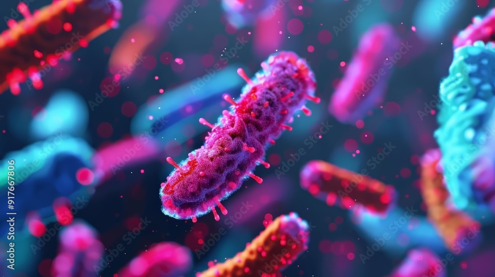 Microscopic view of microbes under UV light in a polluted environment ...