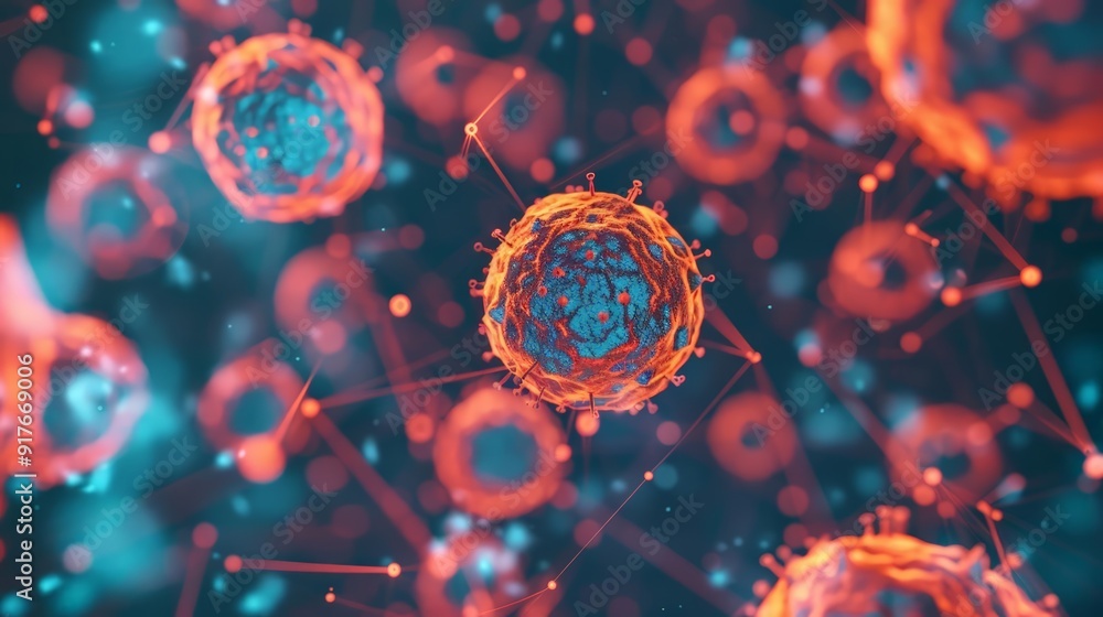 Prokaryotic cells in a dynamic spread pattern on a digital screen, with ...