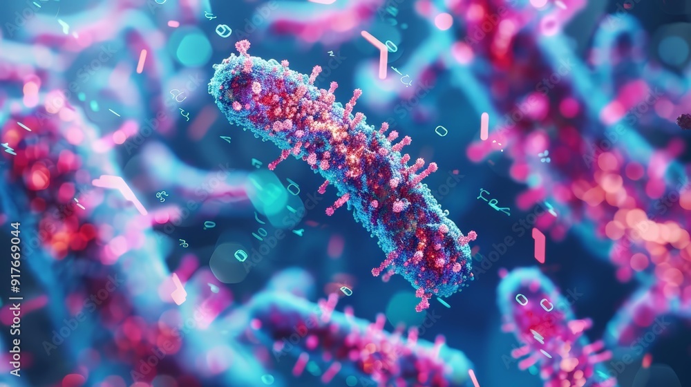 Prokaryotic cells in a dynamic spread pattern on a digital screen, with ...