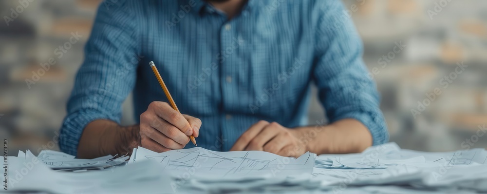 Inventor sketching corrections on a failed design, surrounded by ...