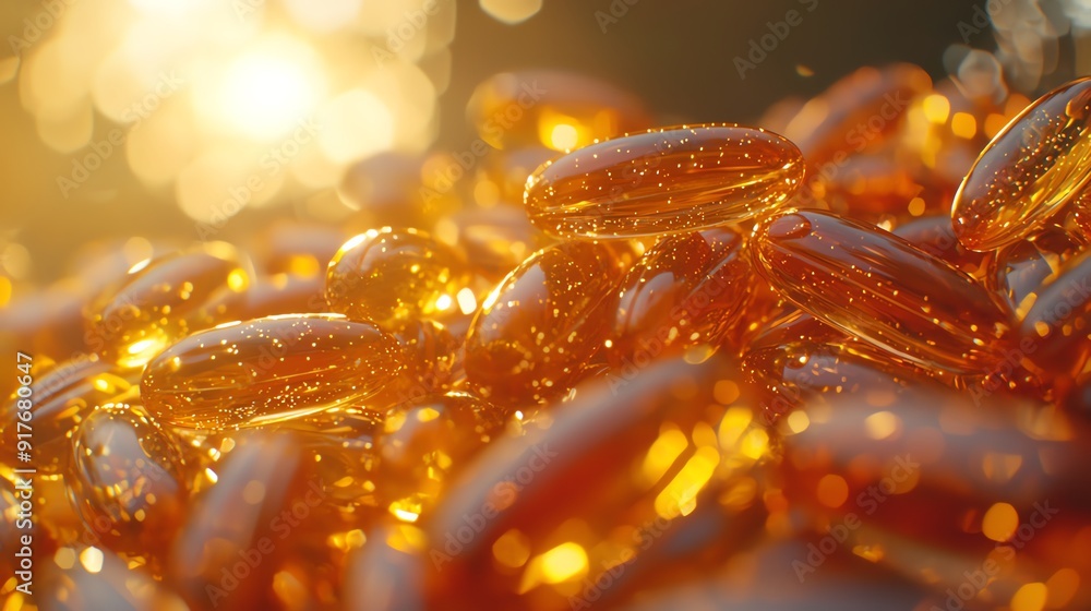 Close-up of shiny orange gel capsules with sunlight reflecting off ...