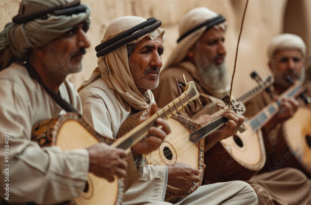 men playing the keyboard and lute in the ancient Middle East. One man ...