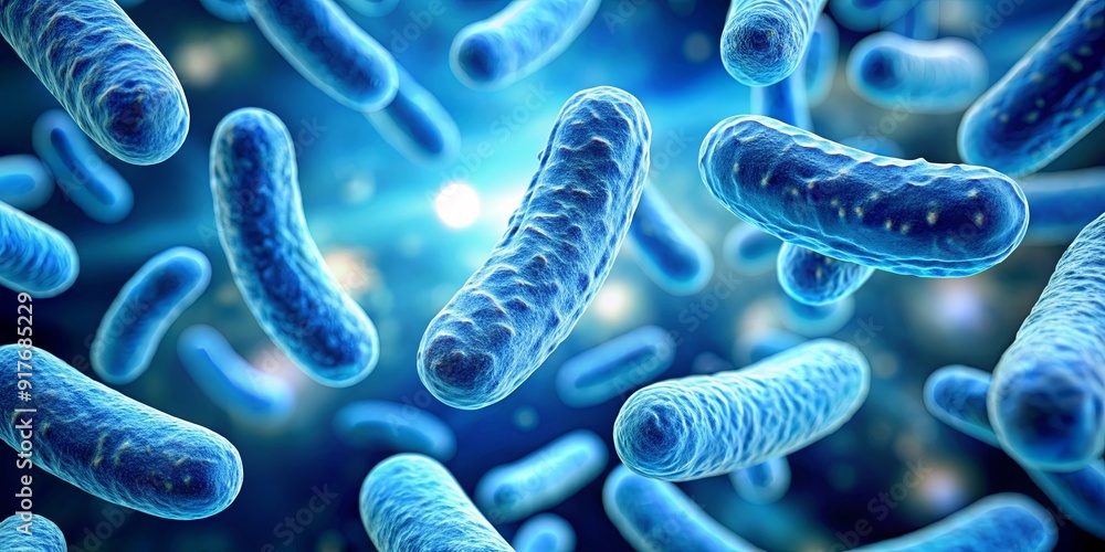 Blue bacteria with short flagella swimming in microscopic image ...