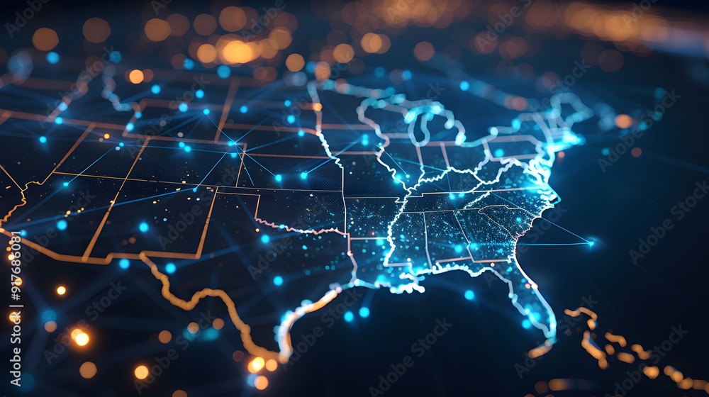 Digital map of USA, concept of North America global network and ...