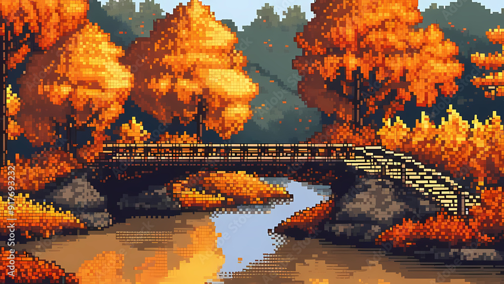 Pixel art bridge over a river with autumn foliage, 16x16 pixels Stock ...