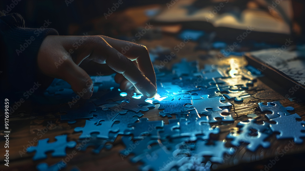 Completing blue jigsaw puzzles with the last piece on light leaked hole ...