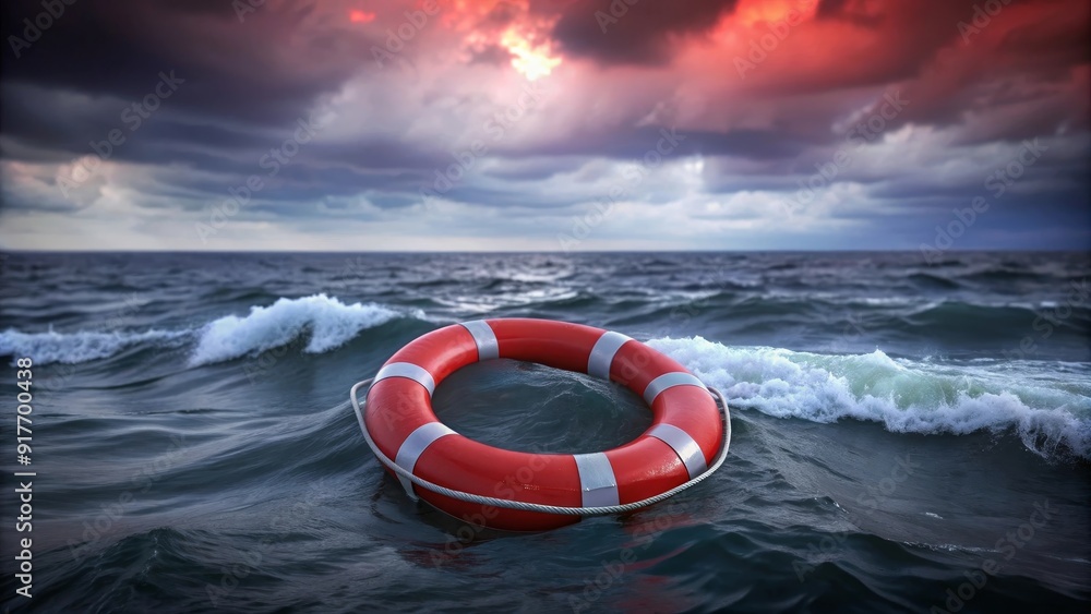 Lifebuoy in Stormy Sea - Hope and Survival - A red lifebuoy floats ...