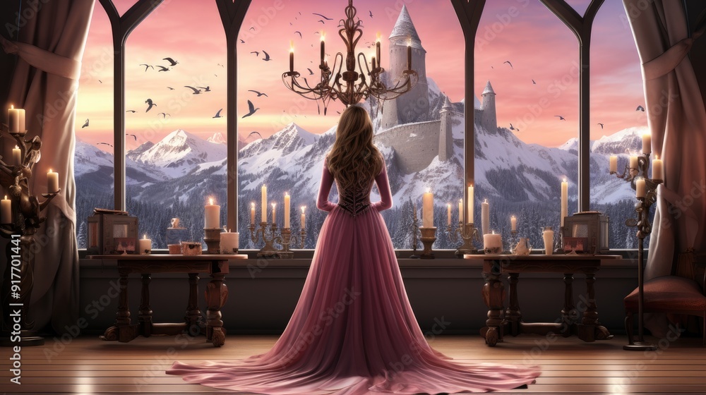 Artistic processing Fantasy girl princess in pink dress stands in ...