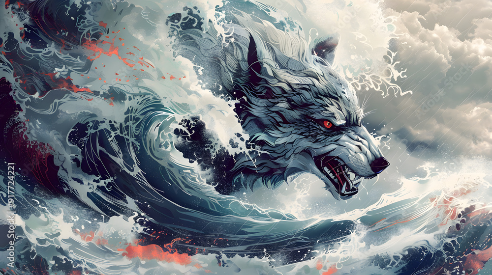 Ocean Wolf Head Wave. An impressive waves off kanagawa illustration in ...