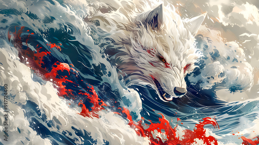 Ocean Wolf Head Wave. An impressive waves off kanagawa illustration in ...