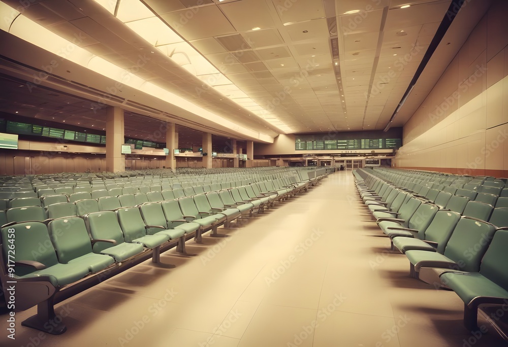 Waiting room at the airport. A large waiting area with rows of green ...