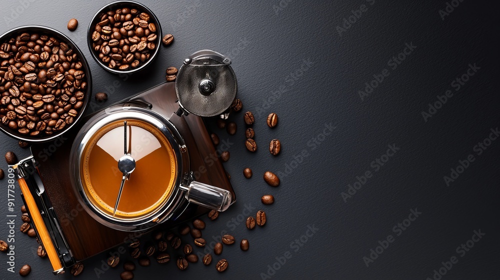 An overhead view of a coffee brewing station with a French press ...