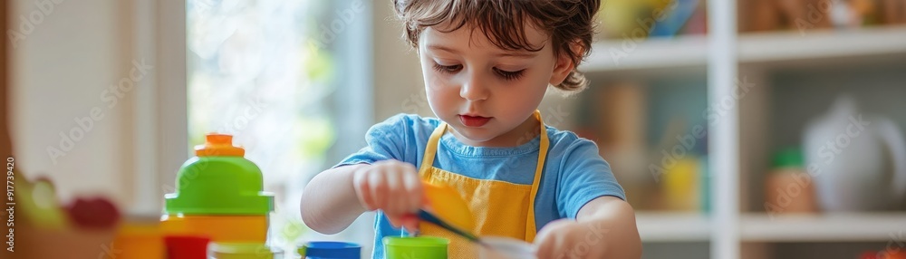 Child engaging in pretend play with a toy kitchen, showcasing ...