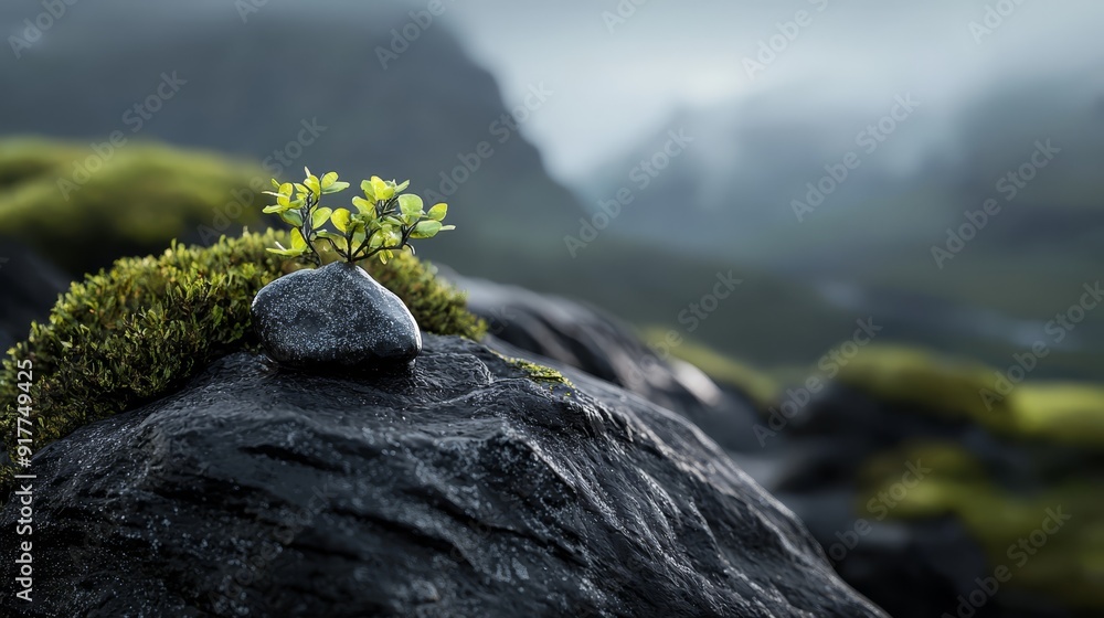 A tiny plant sprouts from a rock amidst a field of grass and boulders ...