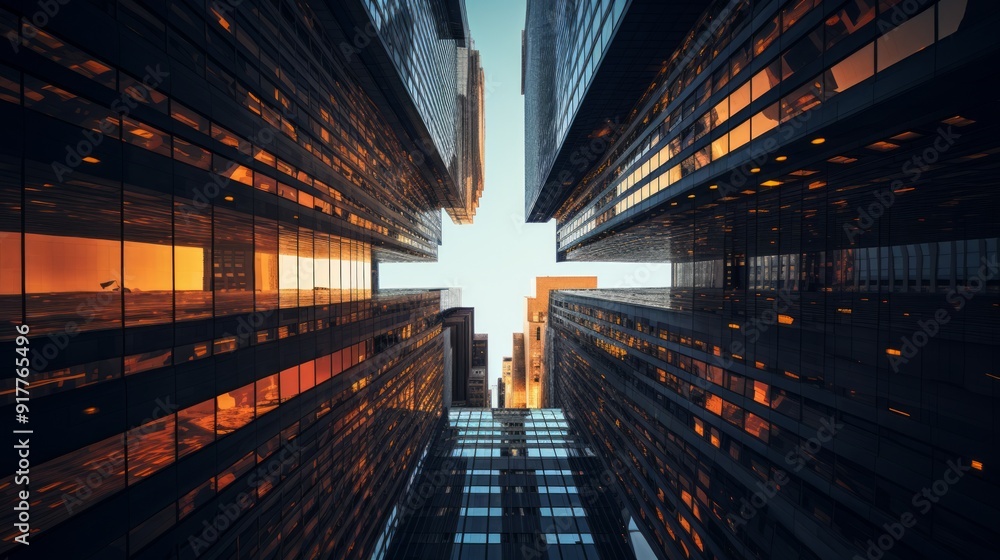 View from below into blue sky with clouds of large modern skyscraper ...