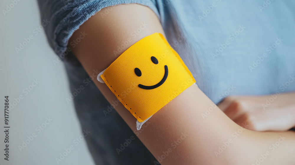 A yellow bandage with a smiley face is placed on an arm, symbolizing ...
