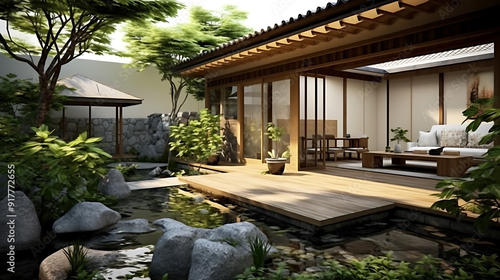 HD Traditional Japanese courtyard design, house building, minimalist ...