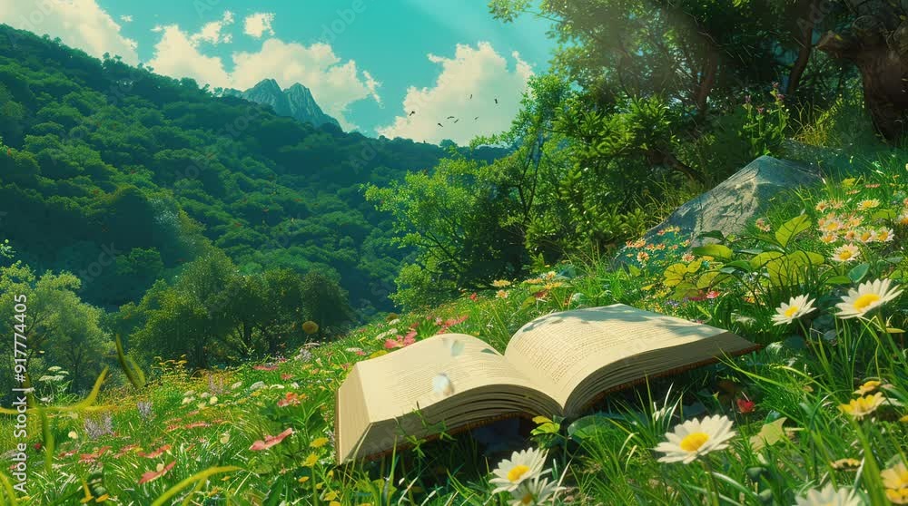 Opened book resting on green nature, peaceful reading in a natural ...