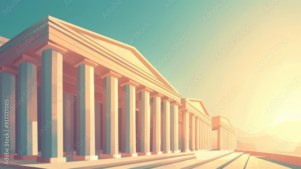 Ancient Greek architecture with majestic columns and warm sunlight ...