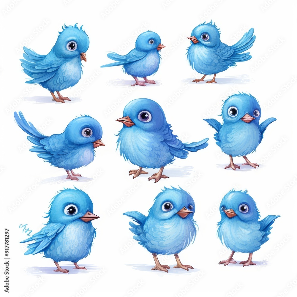 Cute Blue Birds Cartoon Illustration Set â€“ Adorable Blue Birds ...