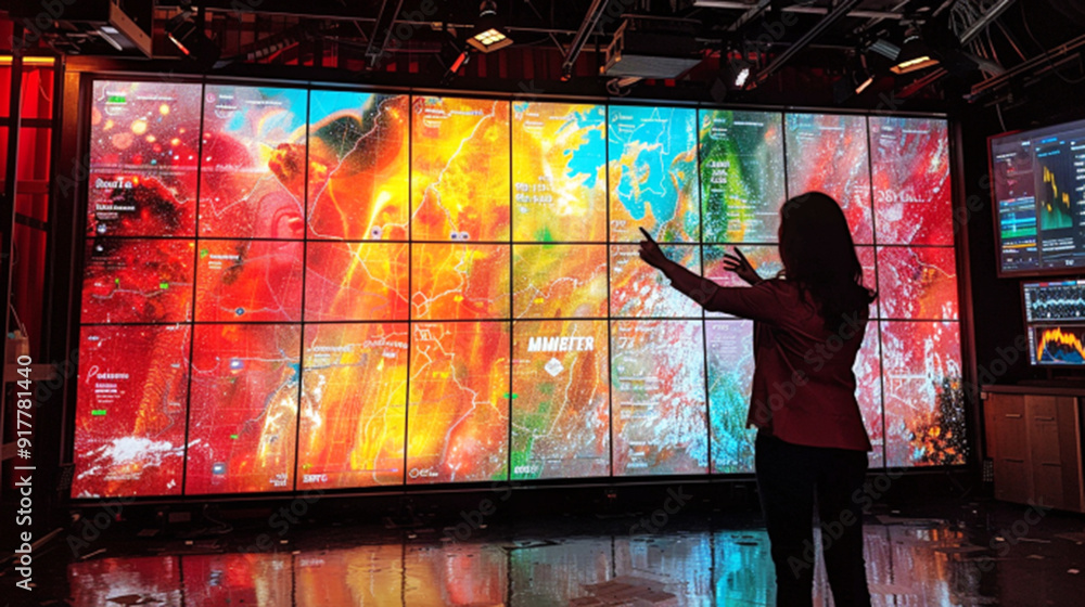 High-Tech News Studio: Female Meteorologist Highlighting Key Weather ...