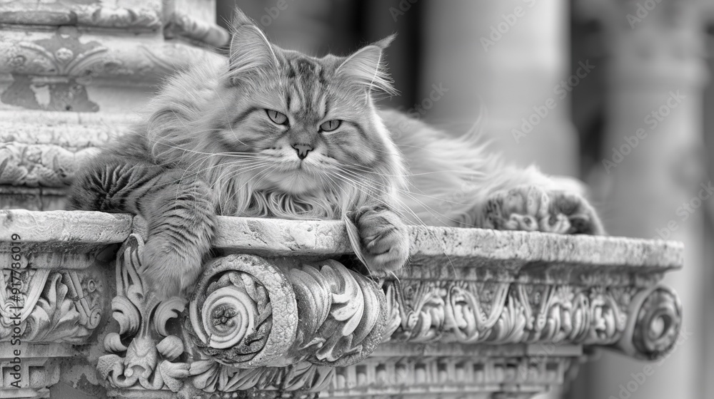 B&W photo of cat on stone planter in front of building Stock Photo ...