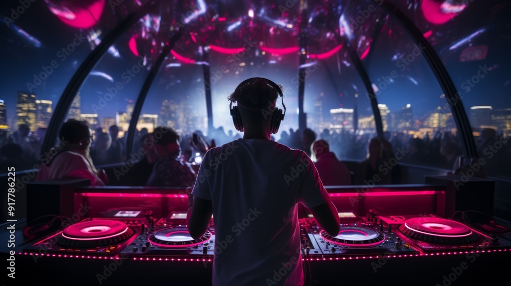 DJ with headphones at night club party under the blue light and people ...