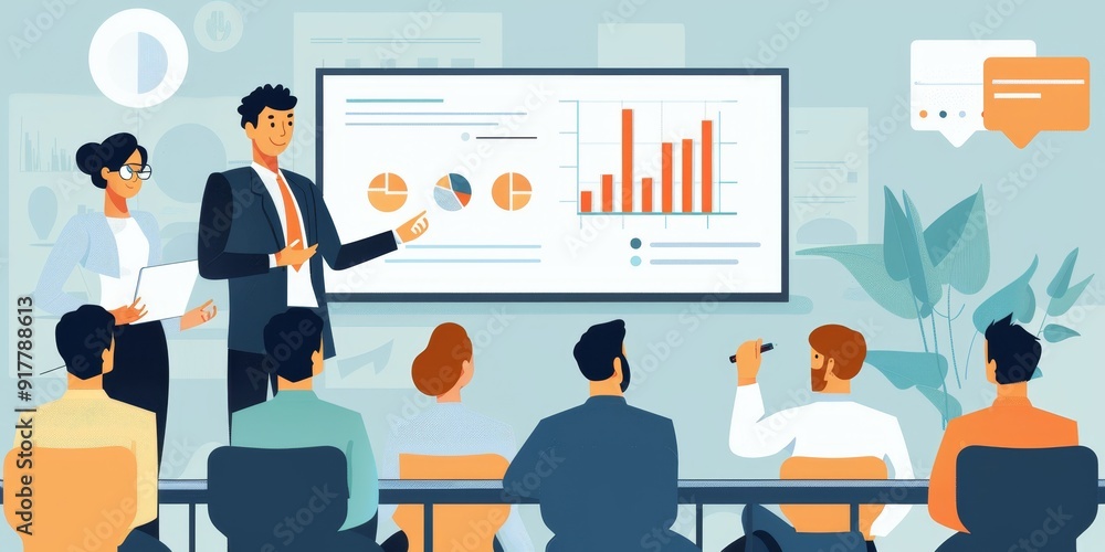 Corporate training session with a leader presenting best practices ...