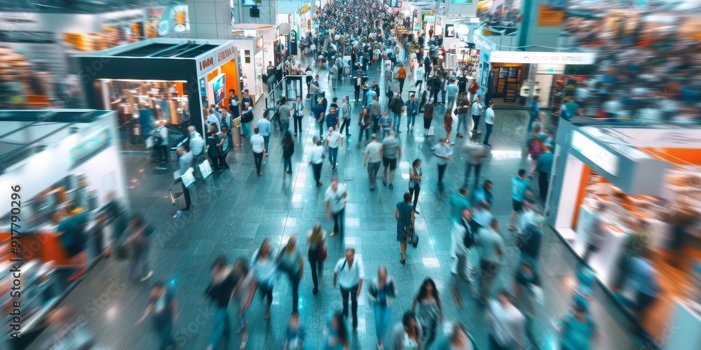 A busy trade show floor captured in a blur, with people moving between ...