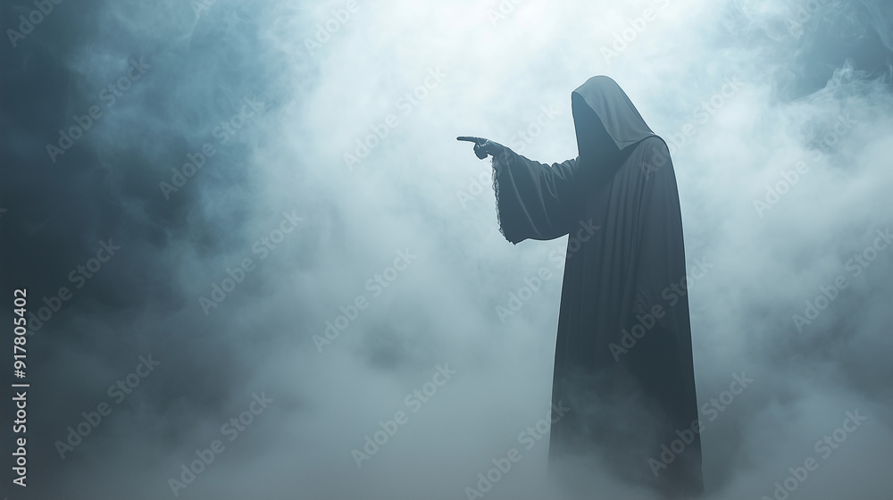 Grim reaper figure shrouded in smoke, pointing ominously into the ...