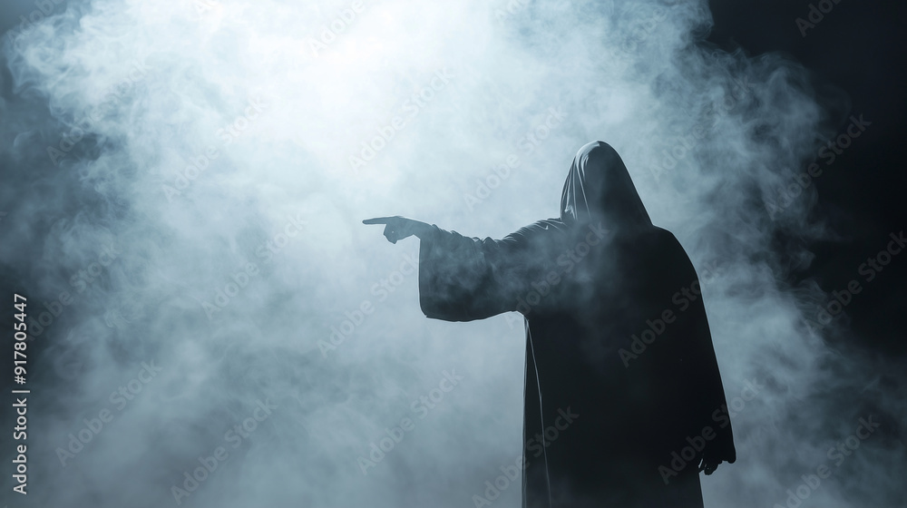 Grim reaper figure shrouded in smoke, pointing ominously into the ...