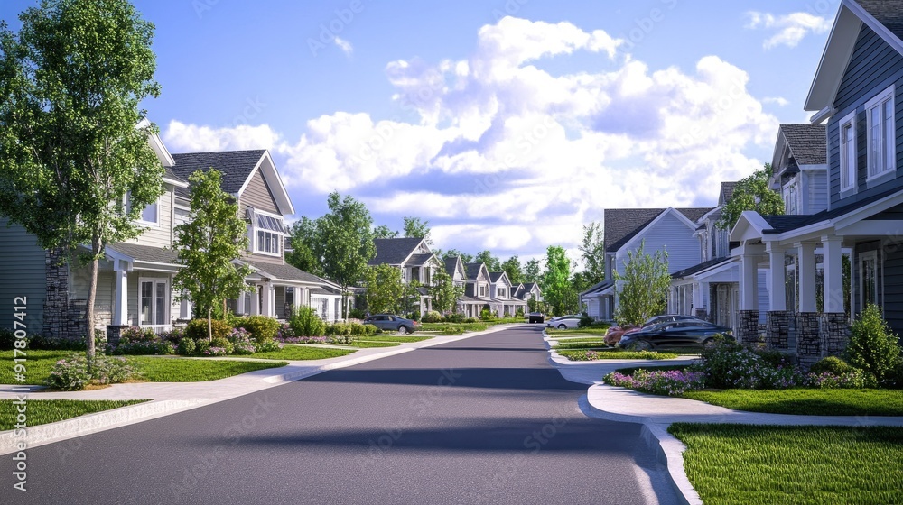 3D model of a suburban neighborhood road with detailed houses and ...
