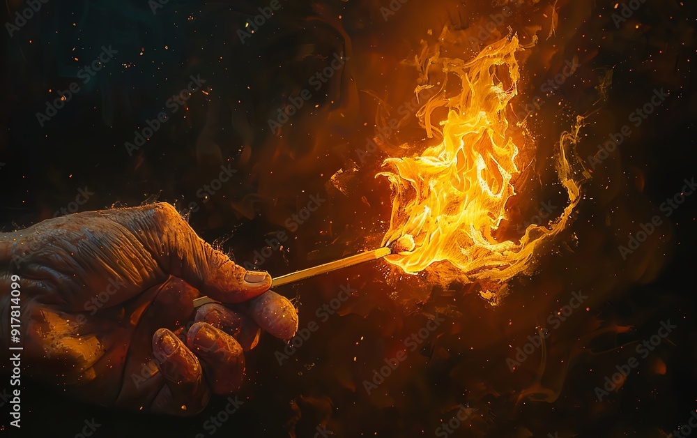 Highly realistic artwork of a hand striking a matchstick for hardbounce ...