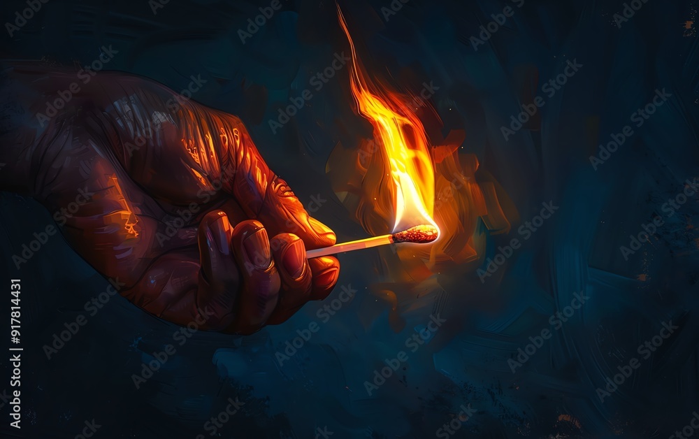 Highly realistic artwork of a hand striking a matchstick for hardbounce ...